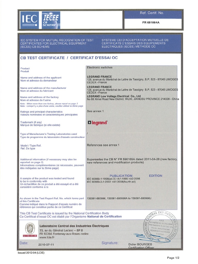 Occupancy Sensor Legrand Test Certificate | PDF