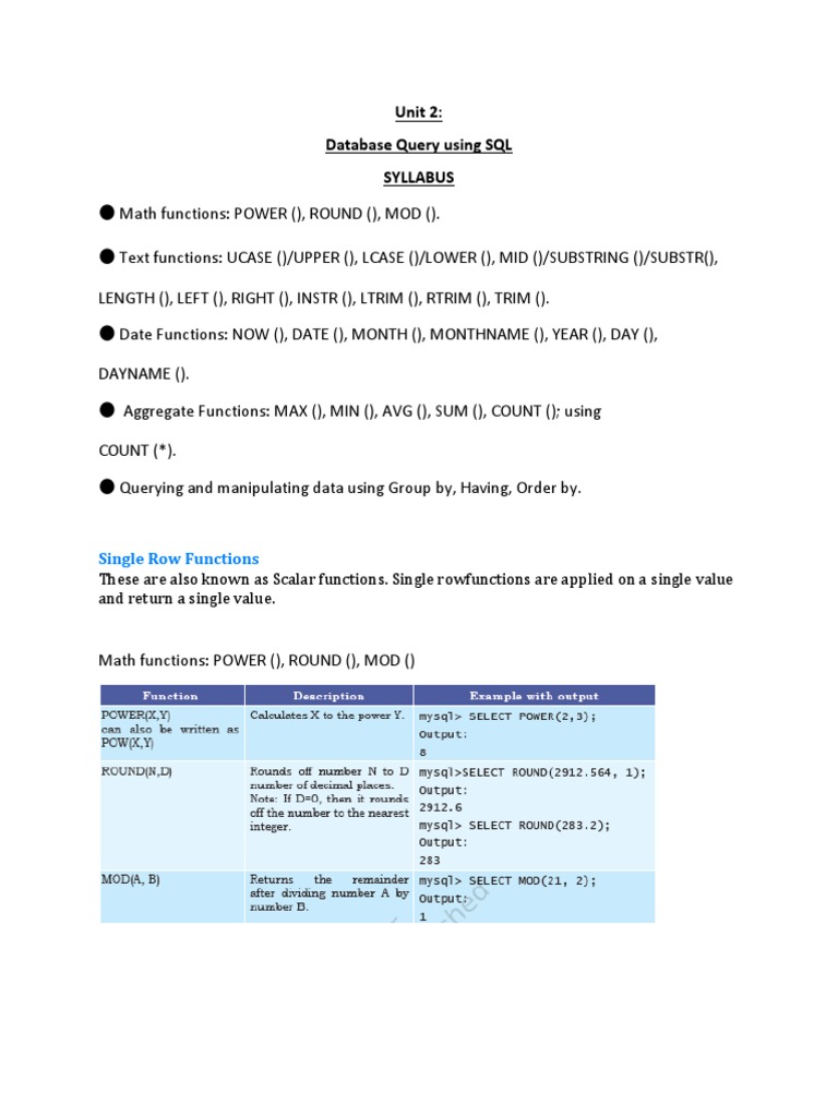Unit 2: Database Query Using SQL Syllabus: Single Row Functions | PDF ...