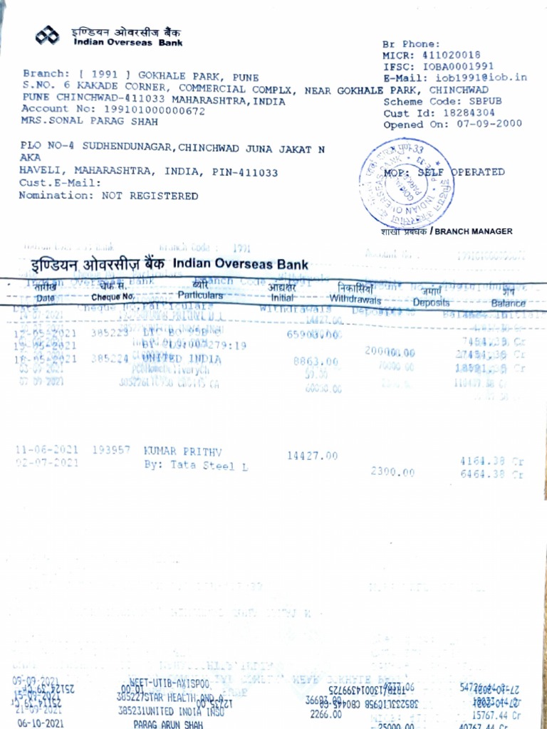 Indian Overseas Bank account statement overview | PDF | Money | Service ...