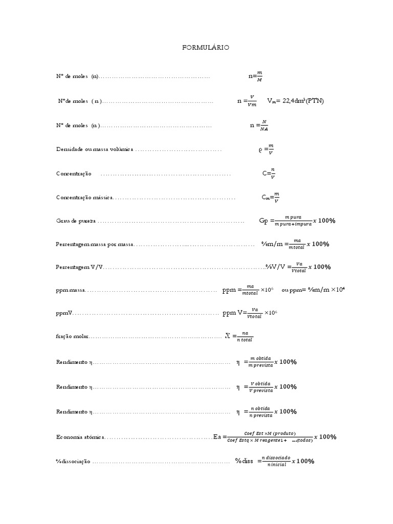 Formulário FQ Quimica 11 | PDF | Aritmética | Ciências Físicas