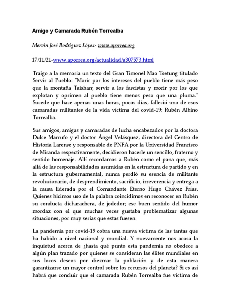 Amigo y Camarada Rubén Torrealba | PDF