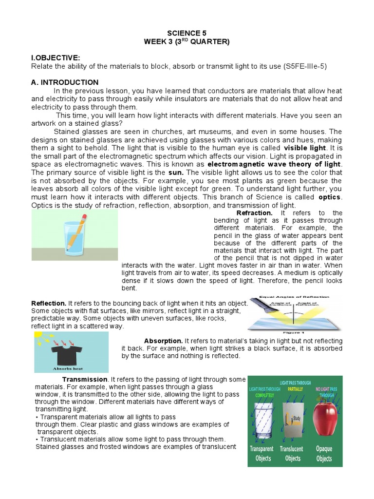 SCIENCE 5 Week 3-4 3RD QUARTER | PDF | Light | Waves