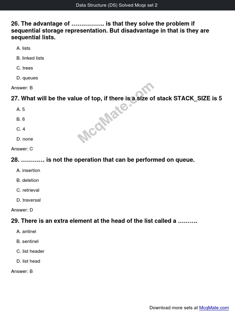 Data Structure (DS) Solved Mcqs Set 2 | PDF | Array Data Structure | Discrete Mathematics