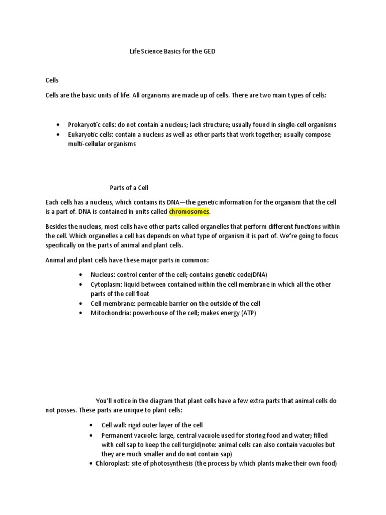Life Science Basics For The GED | PDF | Cell (Biology) | Genetics