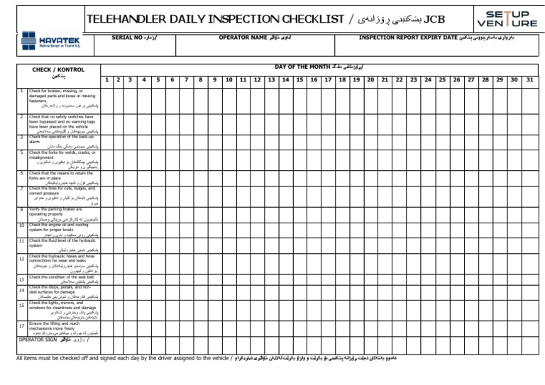 Daily Telehandler Checklist - English - Kurdish | PDF