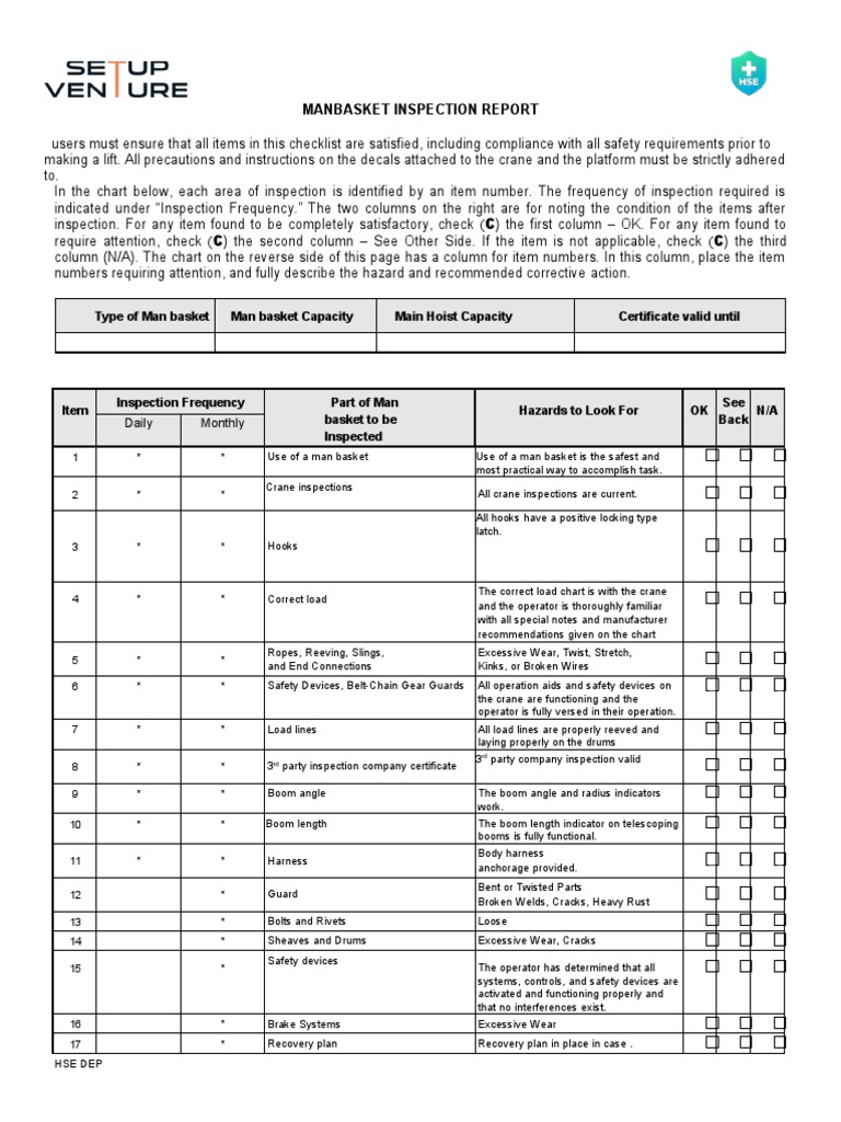 MAN BASKET Inspection Report | PDF | Rope | Crane (Machine)