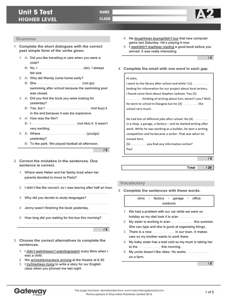 A2 UNIT 5 Test Higher | PDF