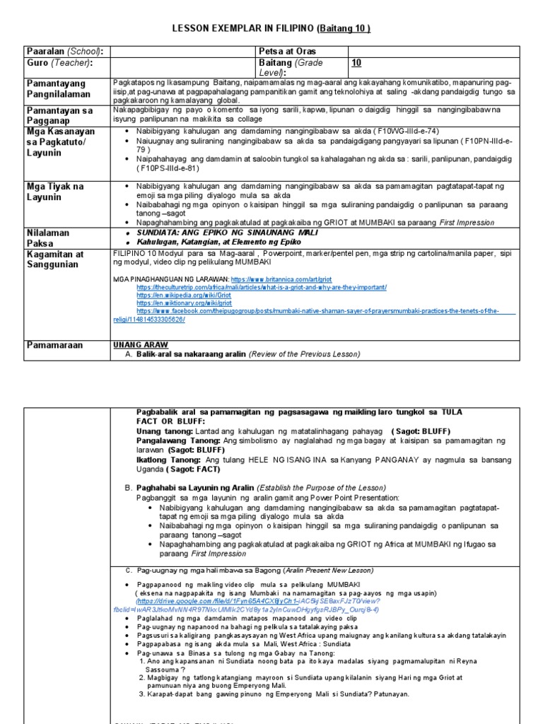 Lesson Exemplar Template Filipino 10 Final Edited | PDF
