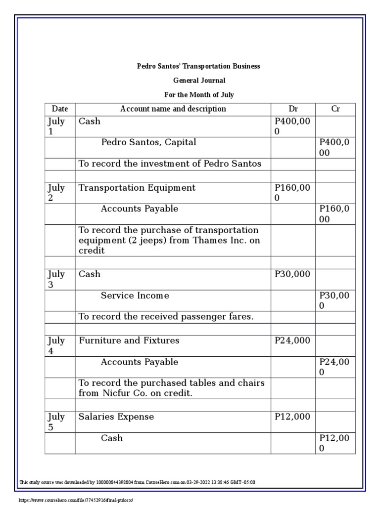 Pedro Santos' Transportation Business General Journal For The Month of ...