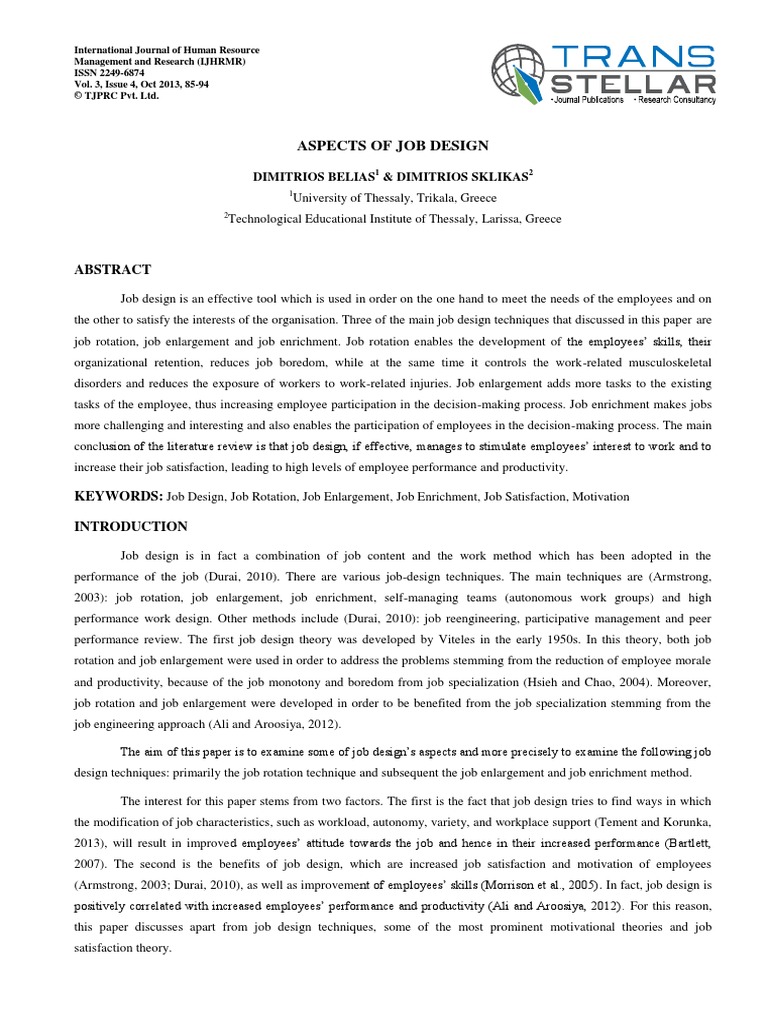 Aspects of Job Design: Dimitrios Belias & Dimitrios Sklikas | PDF ...