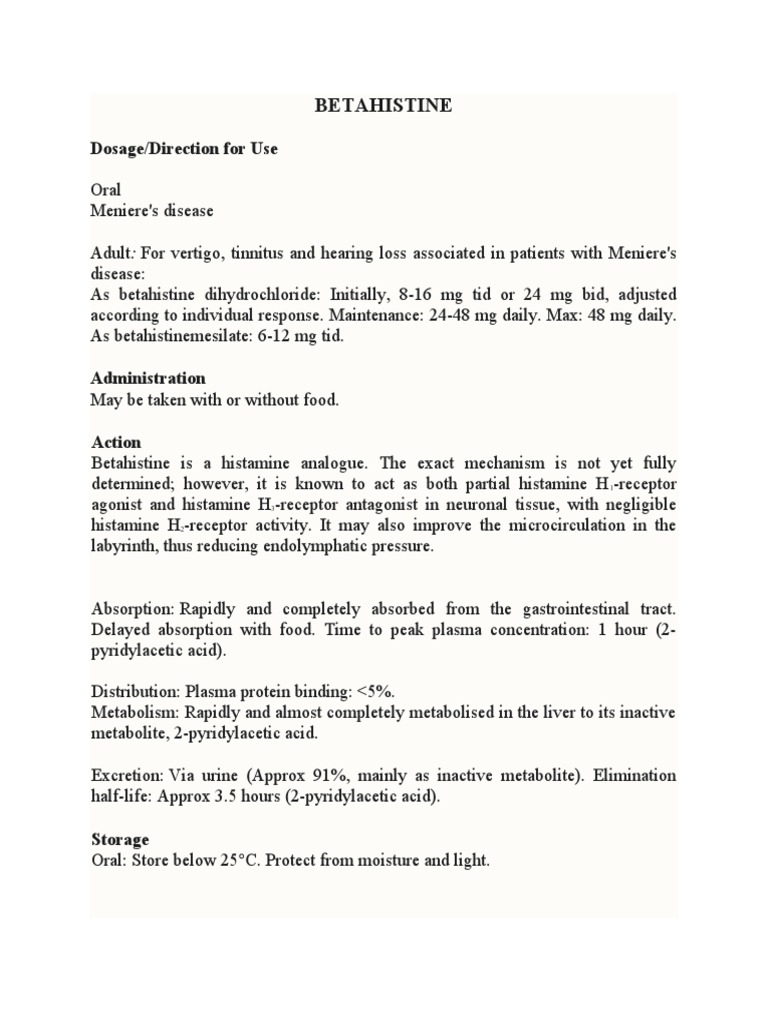 Betahistine Drug Info | PDF | Pharmacology | Medicine