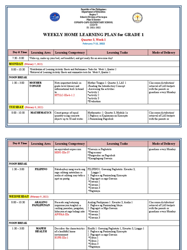 Weekly Home Learning Plan For Grade 1: Quarter 3, Week 1 | Download ...