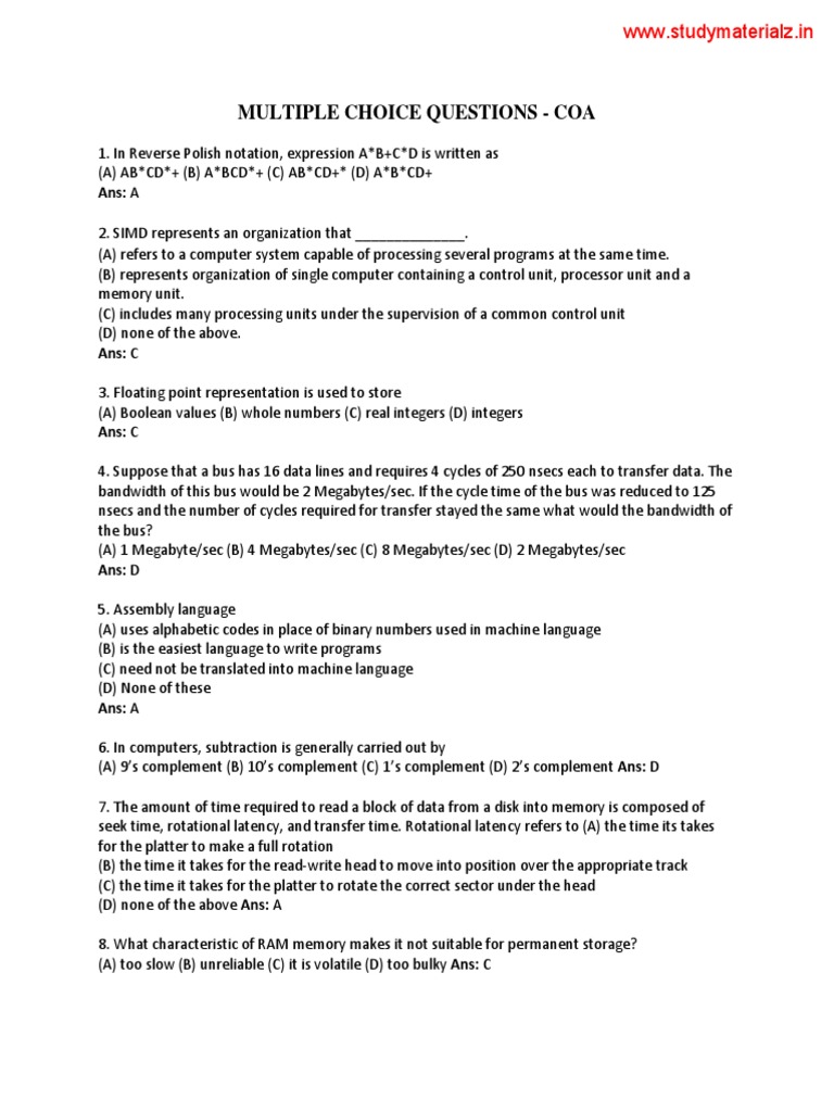 Multiple Choice Questions - Coa: Ans: A | PDF | Random Access Memory | Computer Data Storage