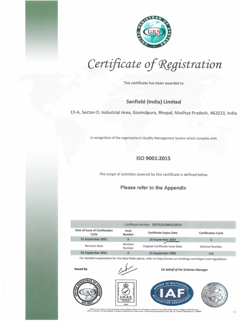 Sanfield For Coupler ISO Valid Upto 20 09 2024 | PDF