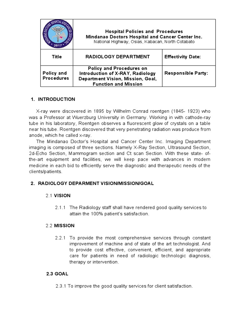 RADIOLOGY DEPARTMENT Final Policy 2021revision | PDF | Radiology ...
