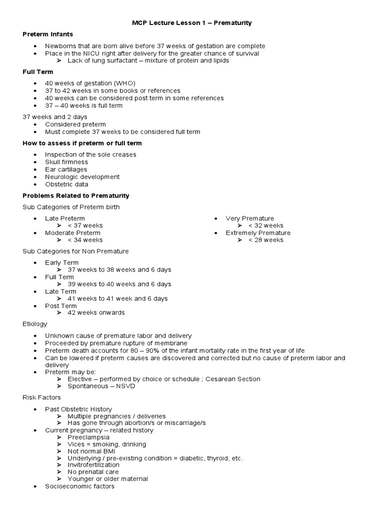 MCP Lecture Lesson 1 - Prematurity Preterm Infants | PDF | Preterm Birth | Hypoglycemia