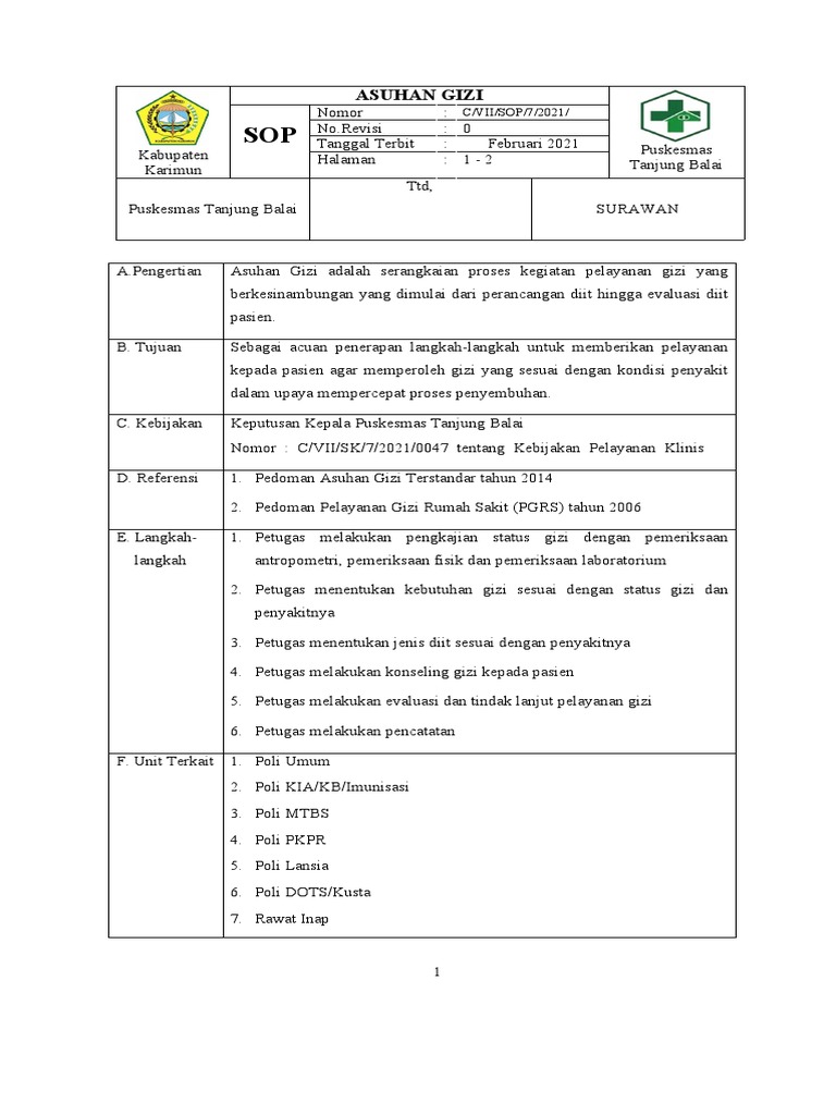 Sop Asuhan Gizi 2020 | PDF