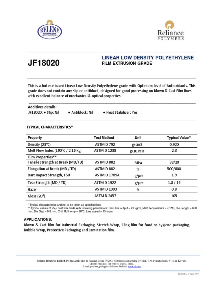 JF18020 LLDPE Film Technical Data Sheet | PDF | Polyethylene | Density