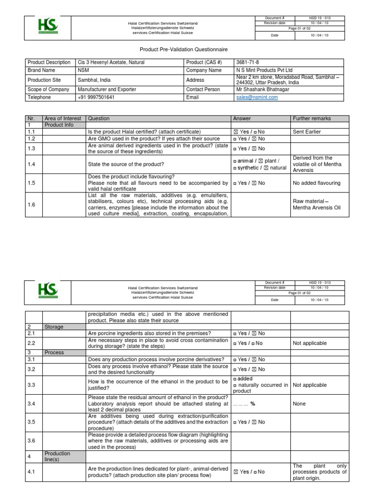 HSD 13 - en - Product Pre Validation Questionnaire - Cis 3 Hexenyl ...