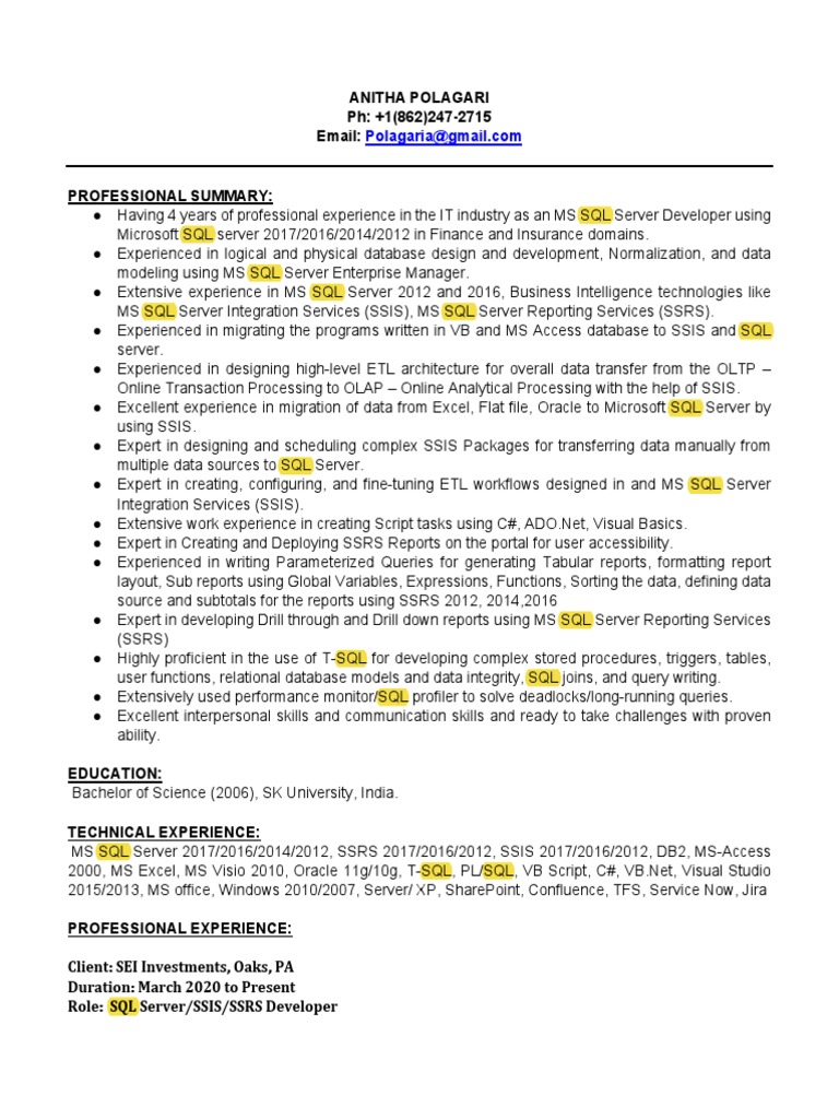 Dice Resume CV Anitha Polagari Highlighted | PDF | Microsoft Sql Server | Databases