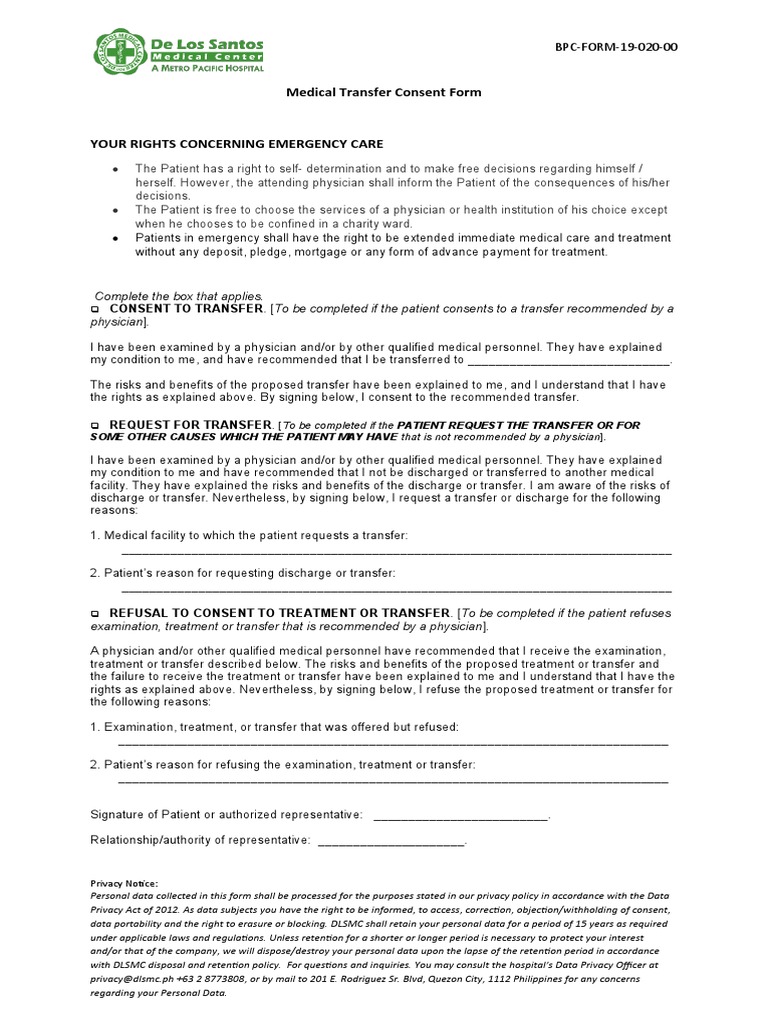 Medical Transfer Consent Form | PDF | Patient | Informed Consent