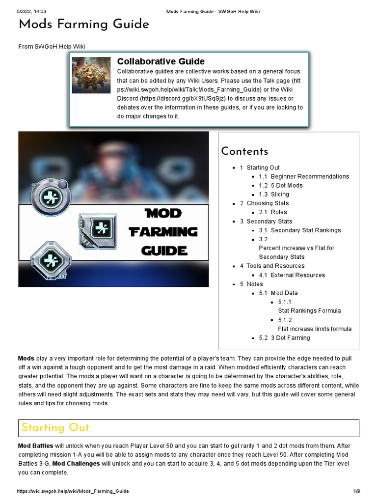 Mods Farming Guide - SWGoH Help Wiki | PDF | Wiki