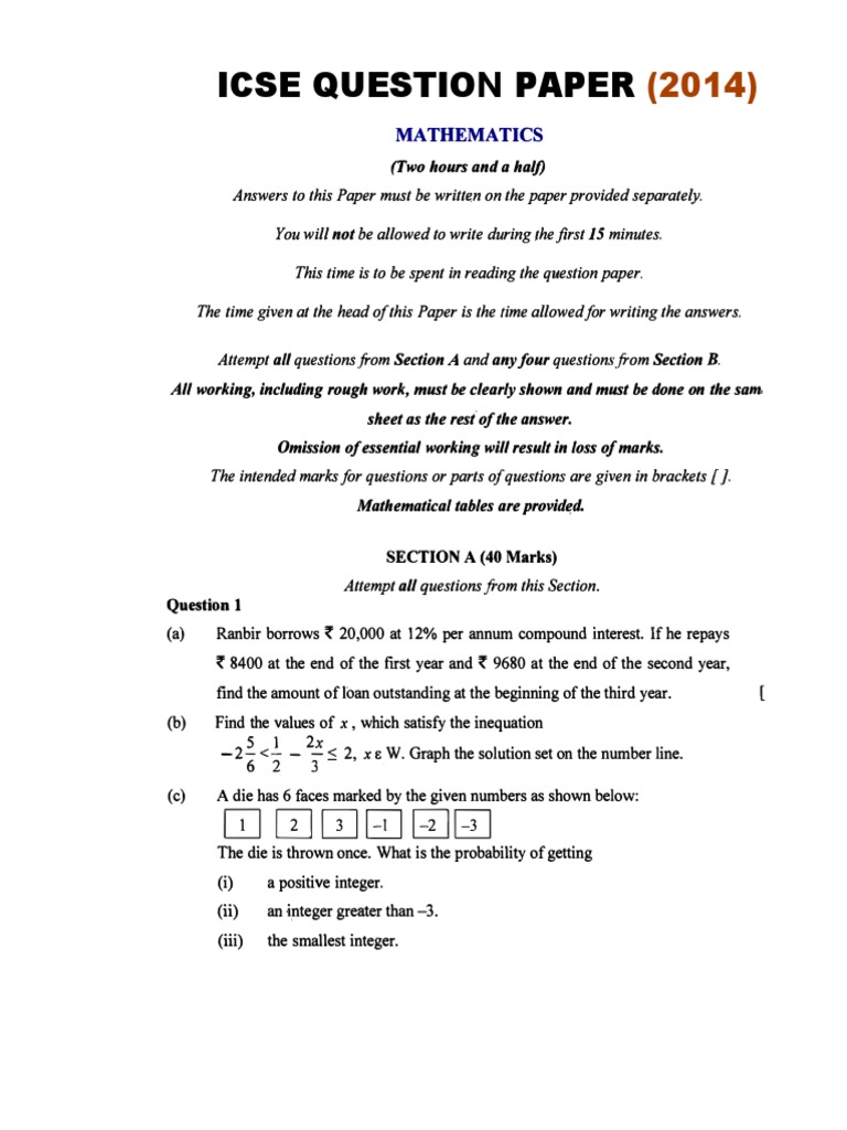 ICSE Class 5 Maths Question Paper 2014 | PDF | Dividend | Area