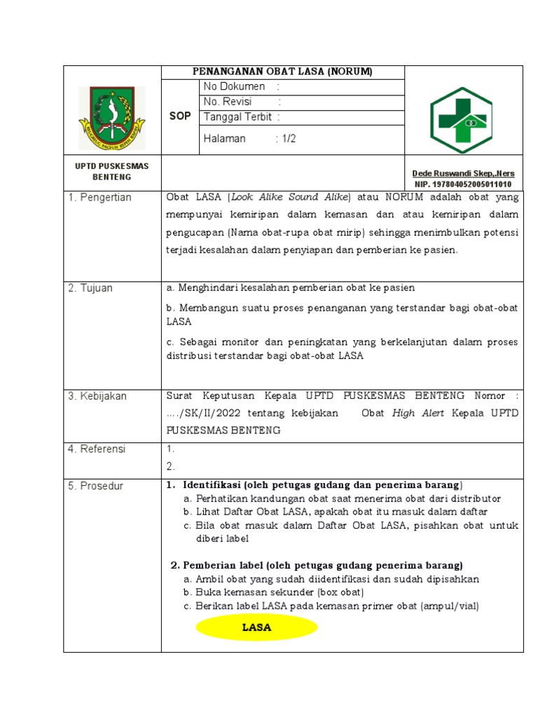 Sop Penanganan Obat Lasa | PDF