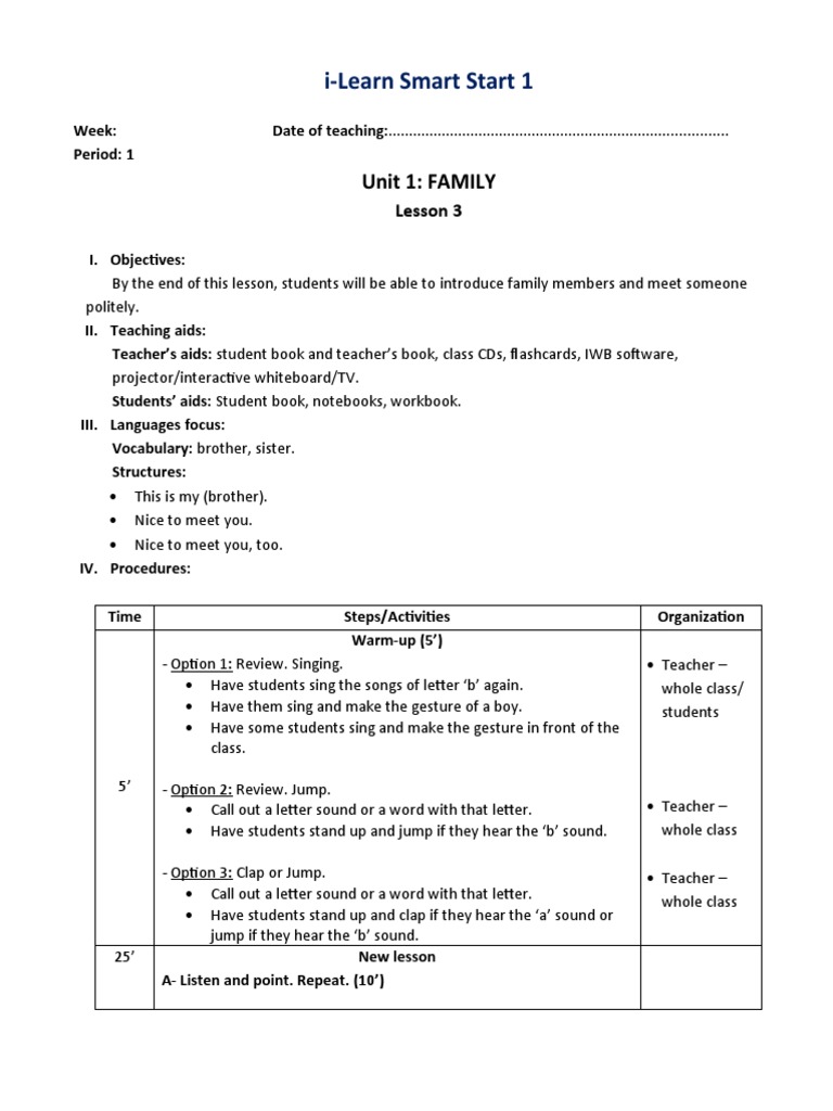I-Learn Smart Start 1: Unit 1: FAMILY | PDF | Flashcard | Teachers