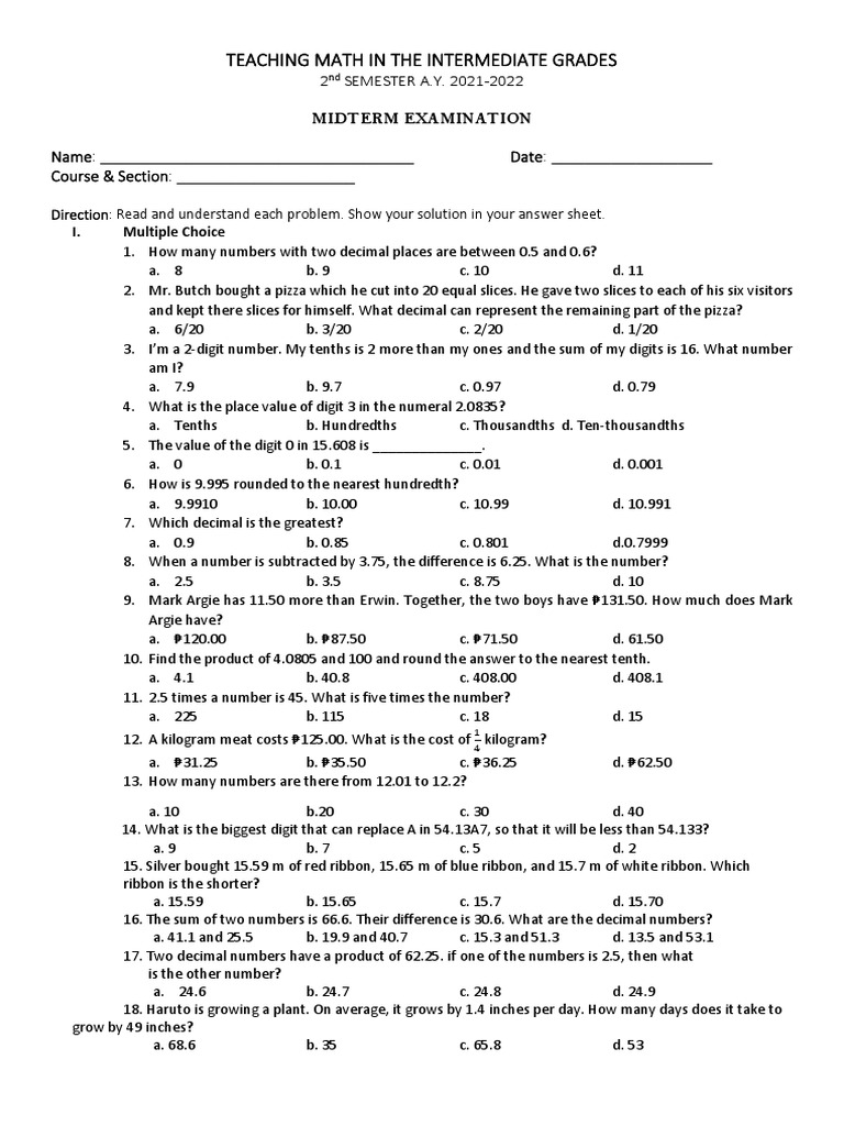 Teaching Math in The Intermediate Grades - Midterm Exam' With You | PDF ...