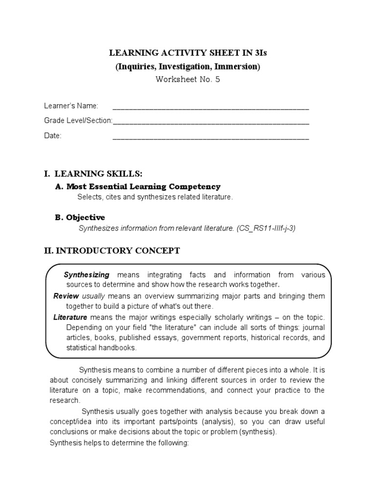 Learning Activity Sheet in 3is (Inquiries, Investigation, Immersion) | PDF | Learning | Popular ...