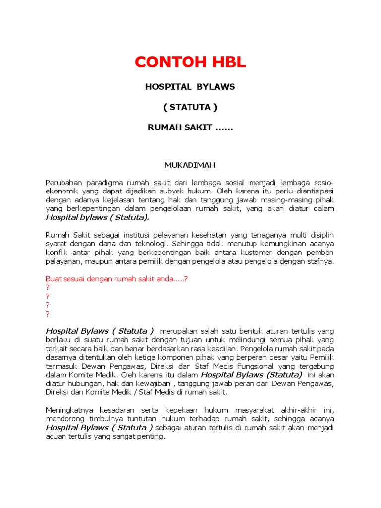 Contoh HBL Hospital Bylaws Statuta Rumah | PDF