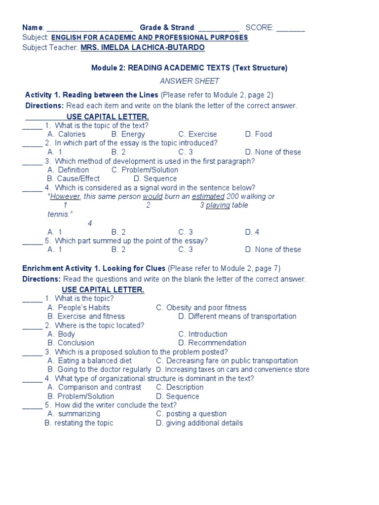 Answer Sheet: English For Academic and Professional Purposes | PDF | Essays