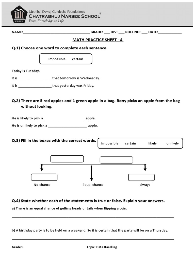 Grade 5 Data Handling Practice Sheet | PDF | Probability