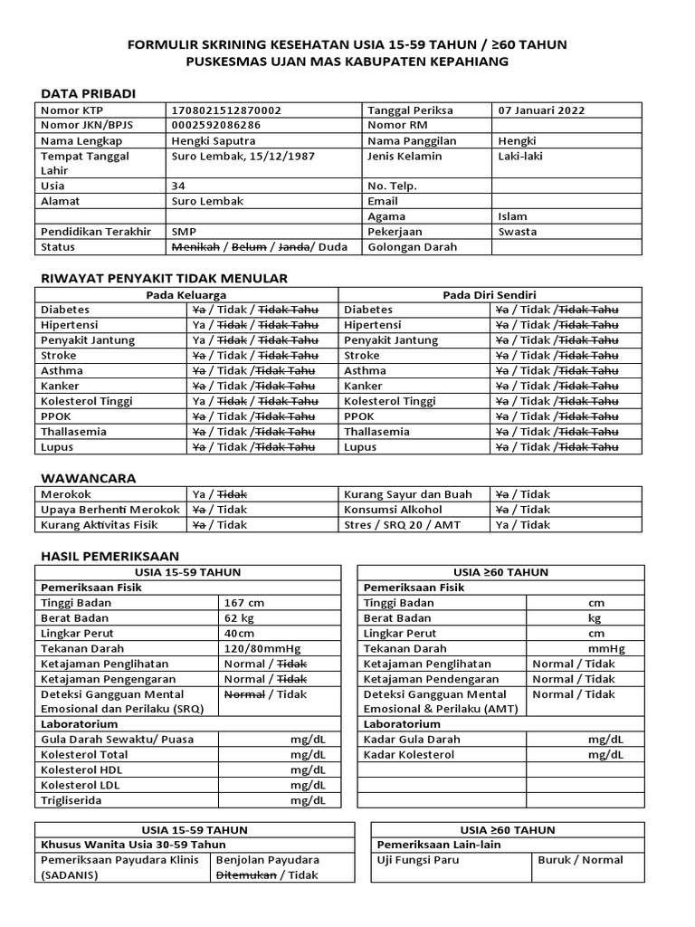FORMULIR SKRINING KESEHATAN Hengki | PDF