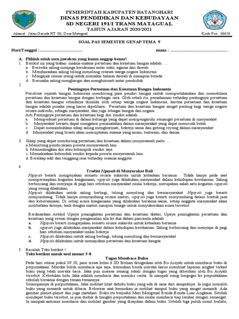 Soal PAS Tema 9 SD Negeri 191/I | PDF