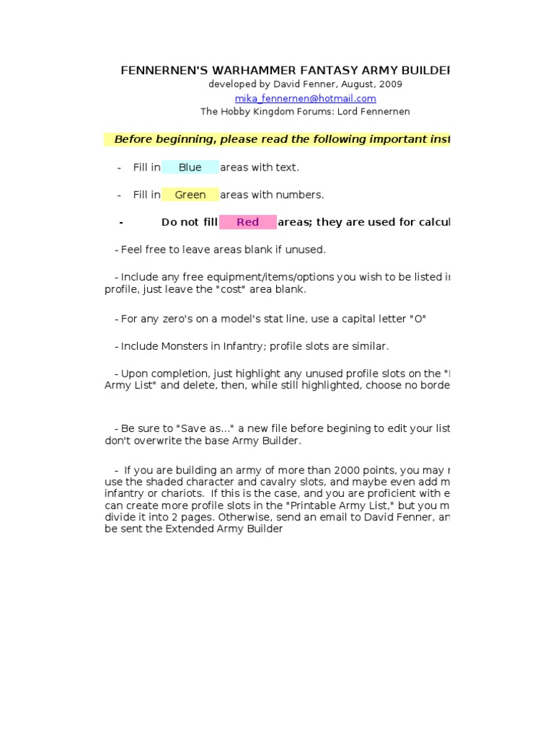 Fennernen'S Warhammer Fantasy Army Builder V1.0: Before Beginning ...
