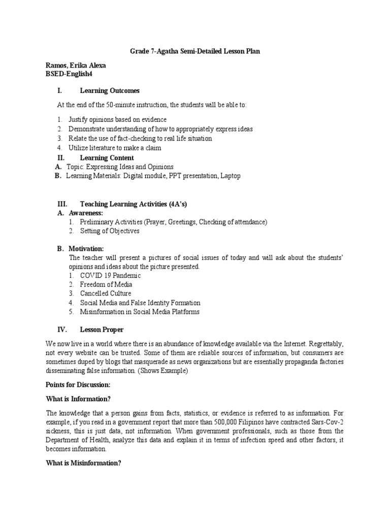 Grade 7-Agatha Semi-Detailed Lesson Plan | PDF | Propaganda | Communication