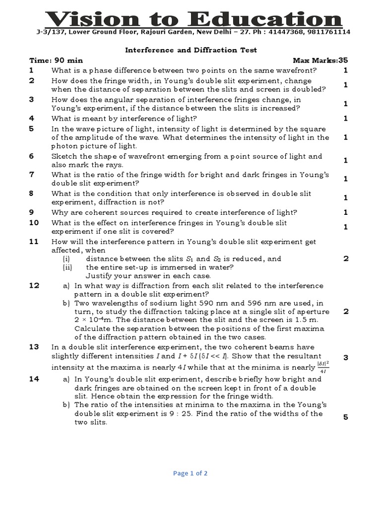Interference and Diffraction Test | PDF | Diffraction | Radiation