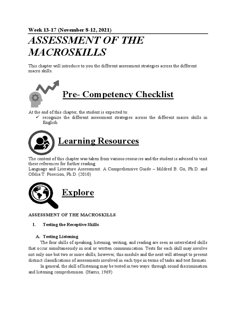 Assessment of The Macroskills: Pre-Competency Checklist | PDF | Reading ...