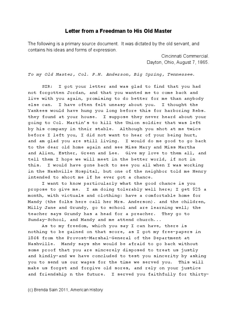 Letter From A Freedman To Old Master | PDF | The United States | Slavery