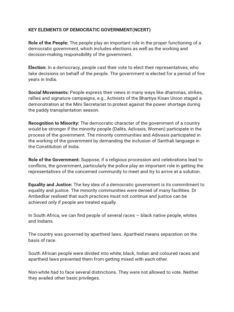 Key Elements of Democratic Government (Ncert) | PDF | Apartheid | Democracy