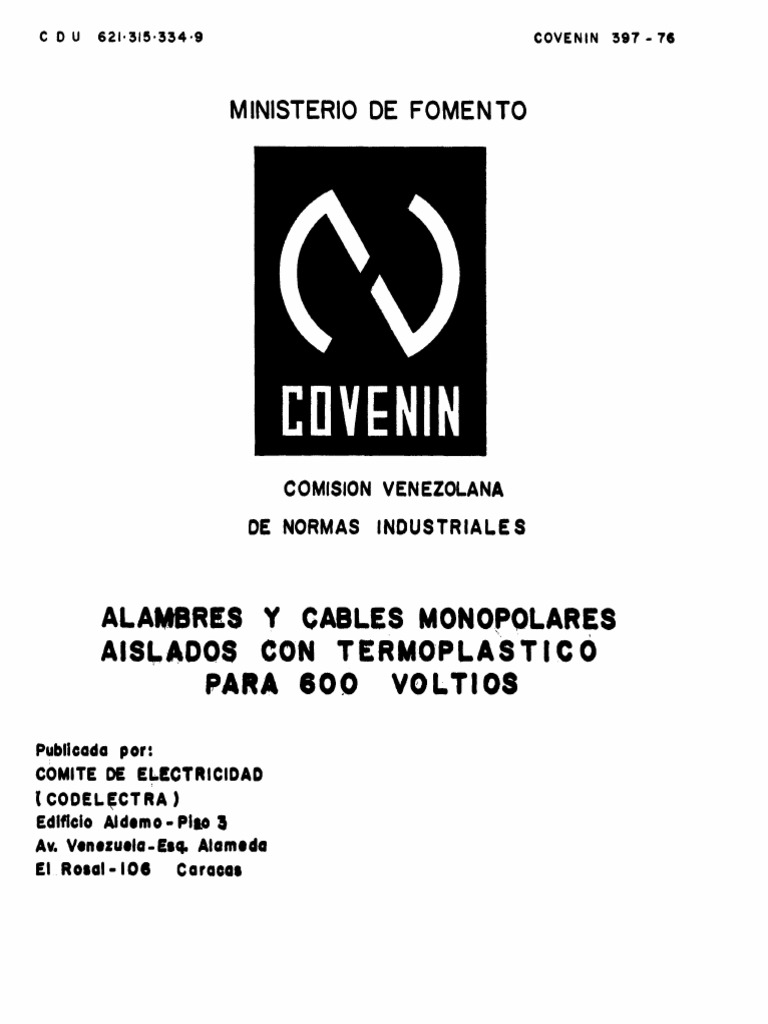 COVENIN 397-1976 - 2500 Alambres y Cables Monopolares 600V | PDF