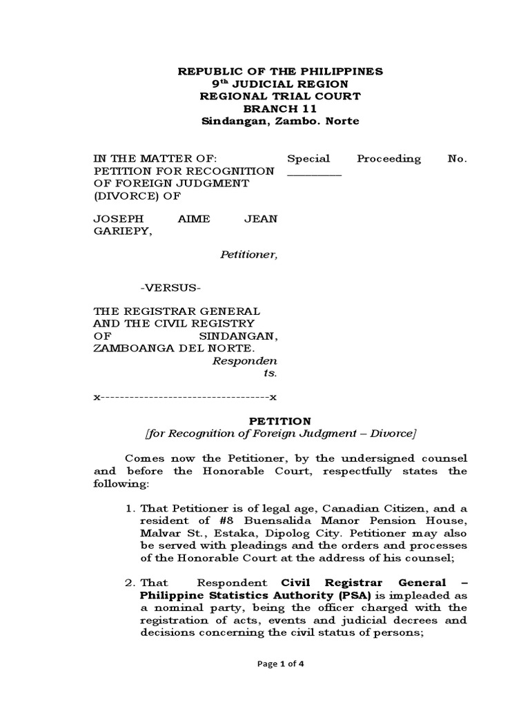 Petition For Recognition of Foreign Judgment | PDF | Divorce | Judgment ...