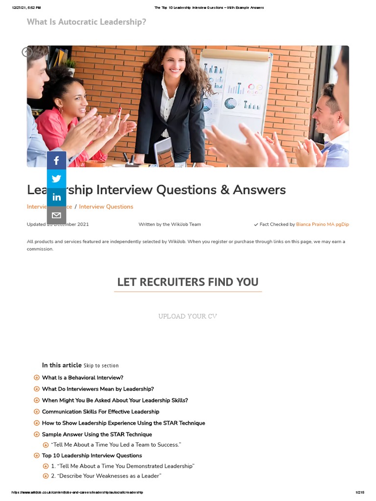 The Top 10 Leadership Interview Questions - With Example Answers | PDF ...