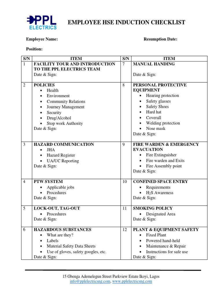 Employee Hse Induction Checklist: 15 Gbenga Ademelegun Street Parkview ...
