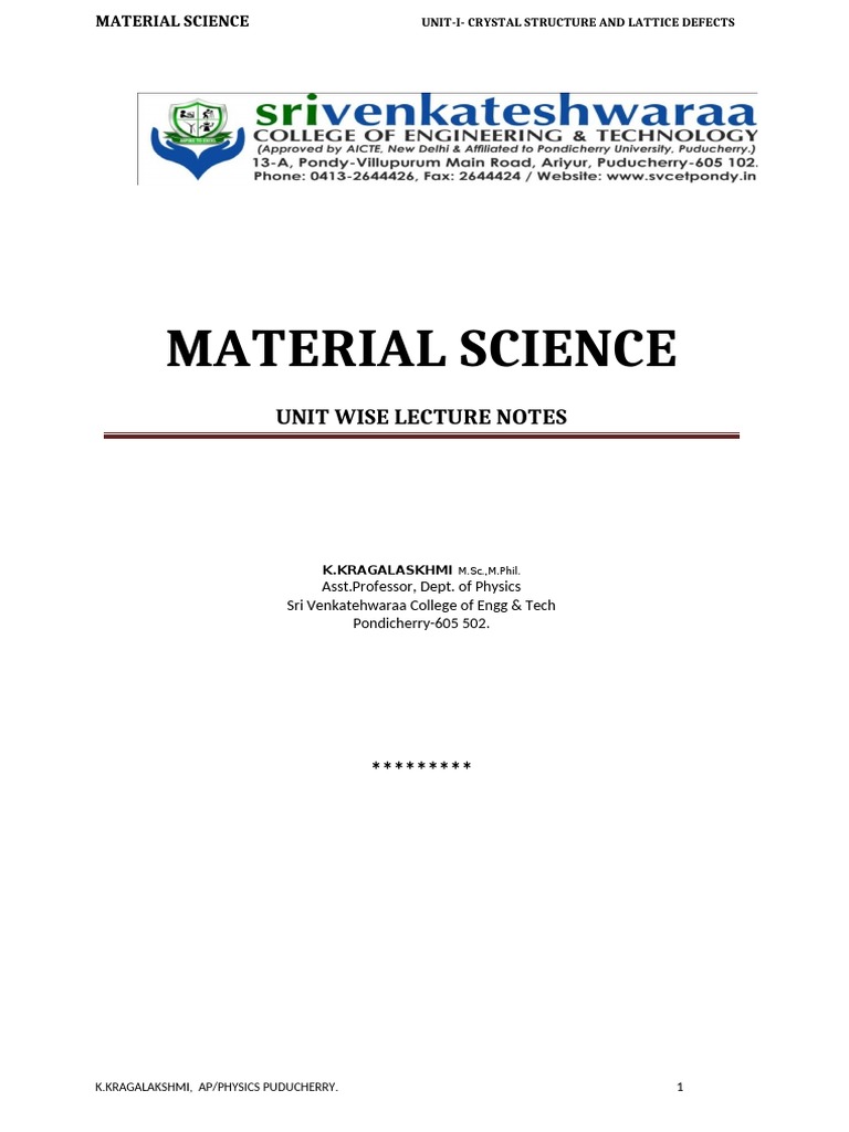 Material Science: Unit Wise Lecture Notes | PDF | Crystal Structure ...