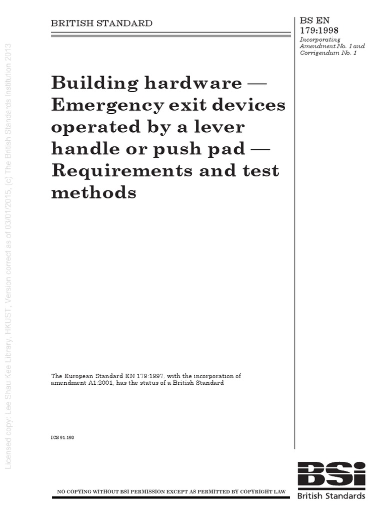 (BS EN 179 - 1998) - Building Hardware. Emergency Exit Devices Operated ...