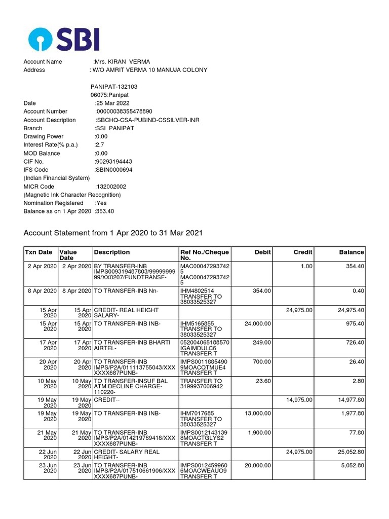 Account Statement From 1 Apr 2020 To 31 Mar 2021: TXN Date Value Date Description Ref No./Cheque ...
