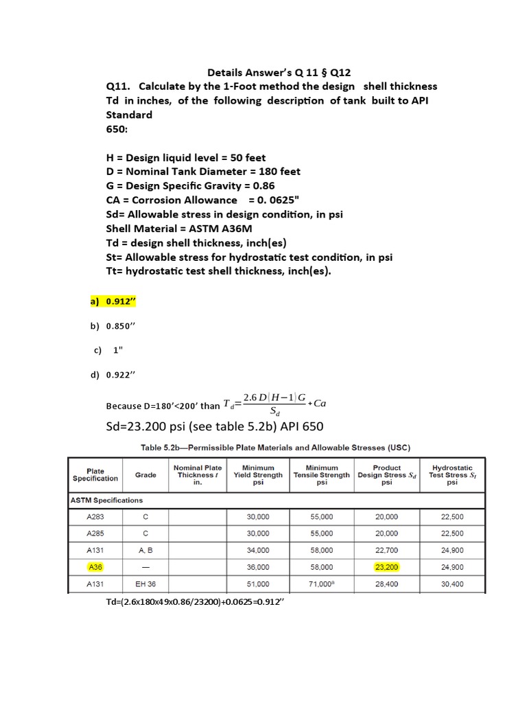 1-Ansewrs API 650 Question N°01 2022 Q11 and Q12 | PDF